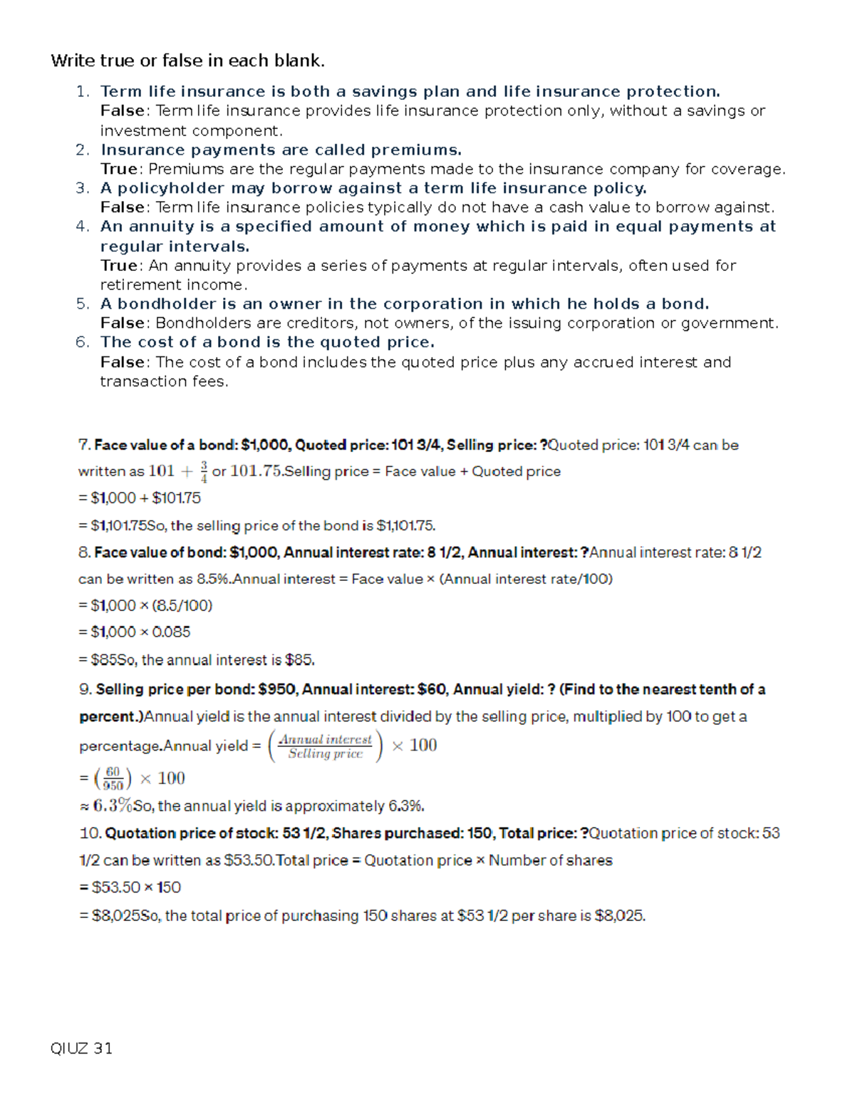Quiz 31 anskey - Notes for math 101 consumer math - Write true or false ...