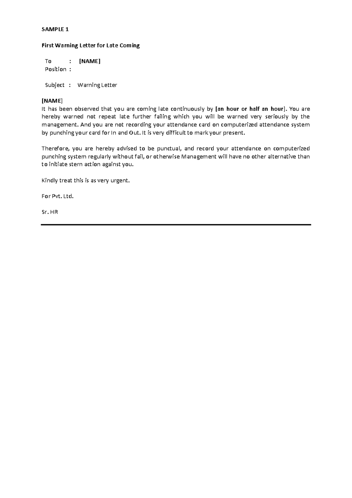 Template Warning Letter - SAMPLE 1 First Warning Letter for Late Coming ...