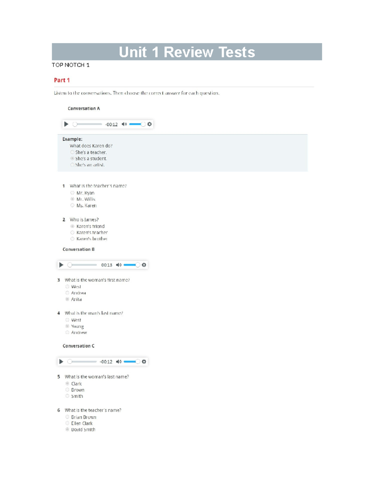 TN1 UNIT 1 Answers exam - enseñana del inglés - Unit 1 Review Tests TOP ...