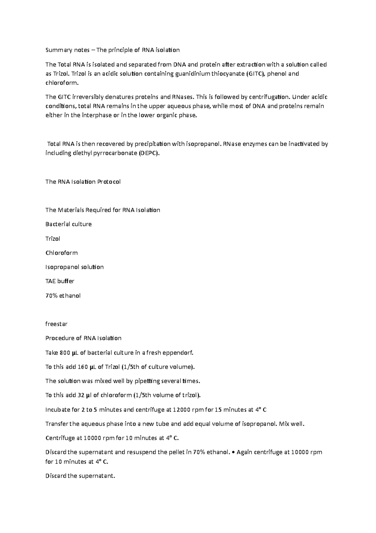 Summary notes – The principle of RNA isolation - Summary notes – The ...