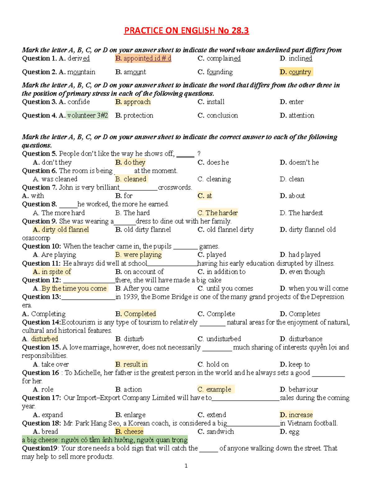 Practice-28 - Practice-28 - PRACTICE ON ENGLISH No 28. Mark the letter ...