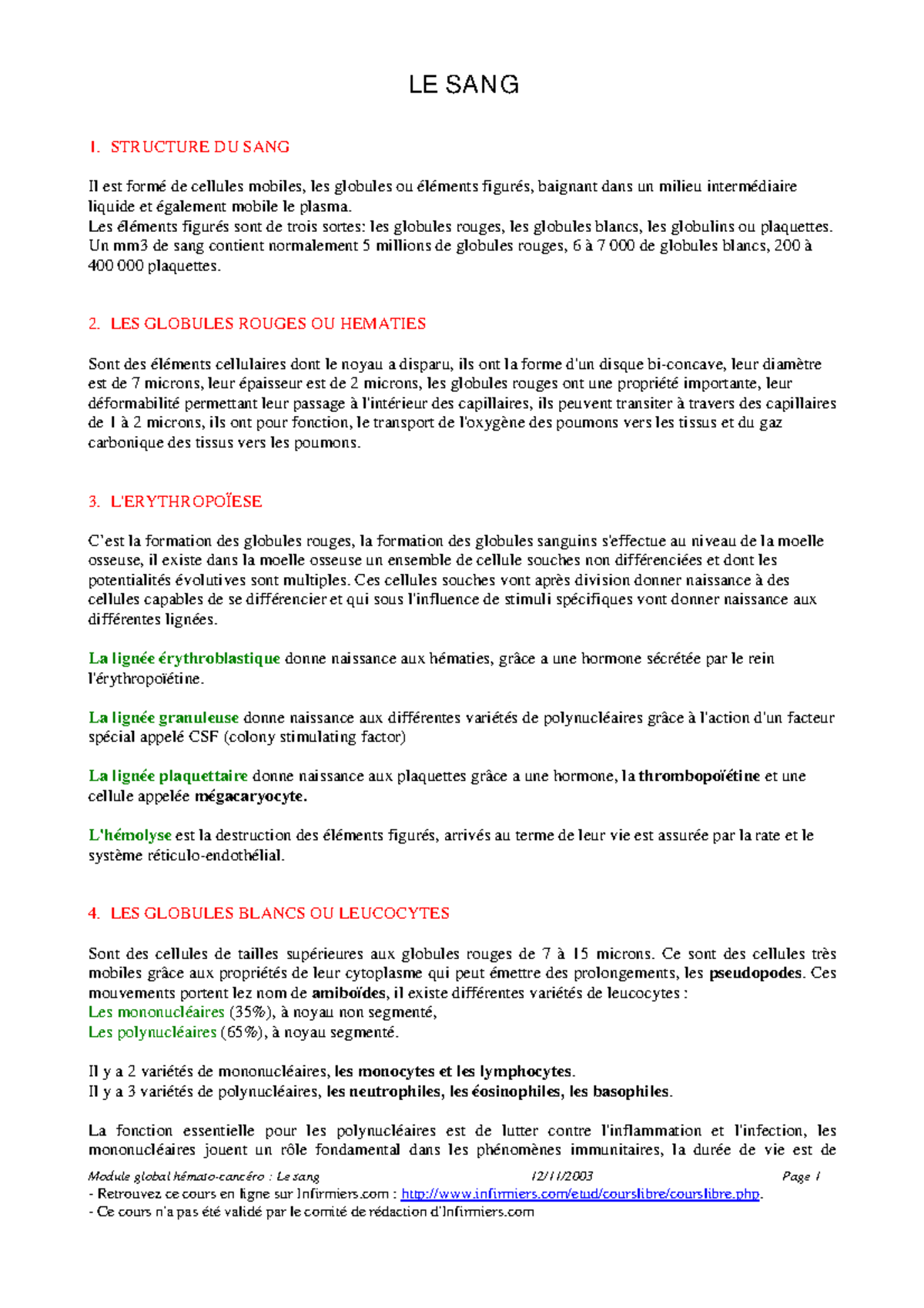 Sang - synthèse claire, simple te détaillée - LE SANG 1. STRUCTURE DU ...