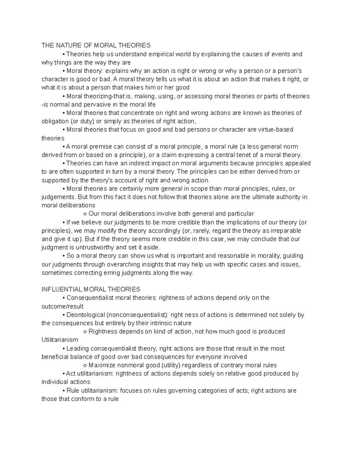 Bioethics Chapter 2 Notes - THE NATURE OF MORAL THEORIES Theories help ...