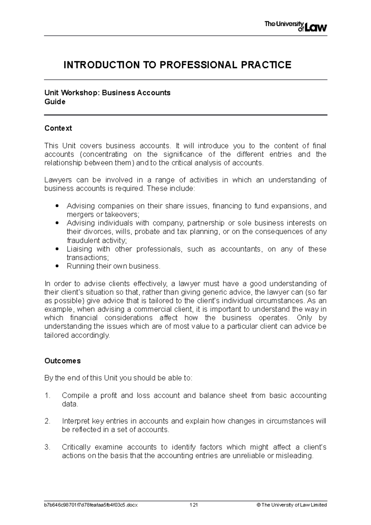 Business accounts - notes - INTRODUCTION TO PROFESSIONAL PRACTICE Unit ...