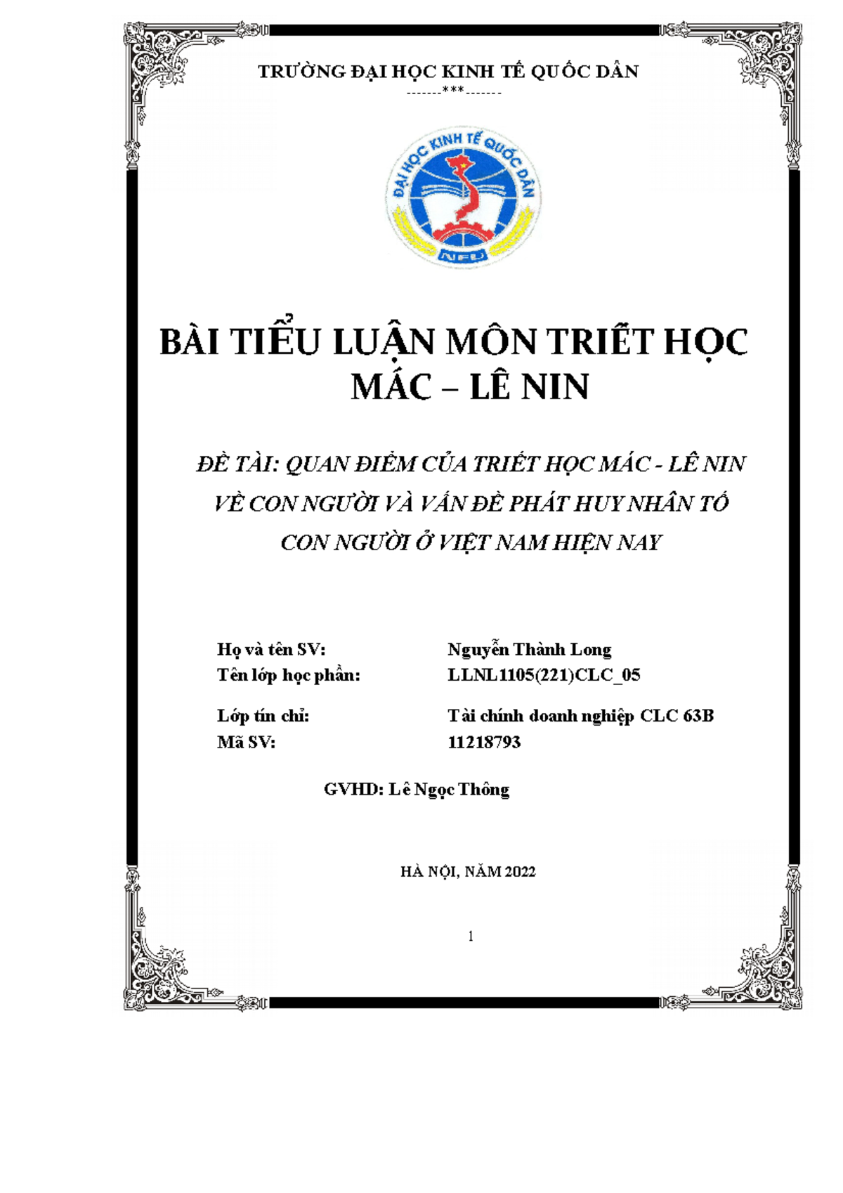 30 Nguyễn Thành Long 11218793 - TRƯỜNG ĐẠI HỌC KINH TẾ QUỐC DÂN -***- BÀI TI U LU N MÔN TRIẾẾT H ...