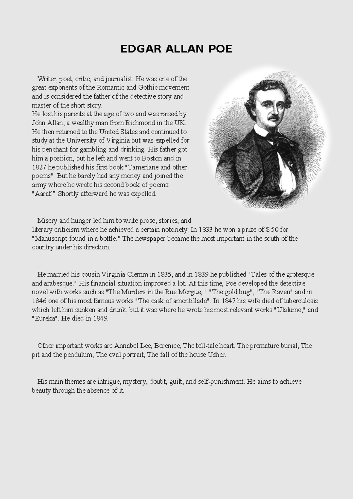 Project 1 Edgar Allan POE - EDGAR ALLAN POE Writer, poet, critic, and ...