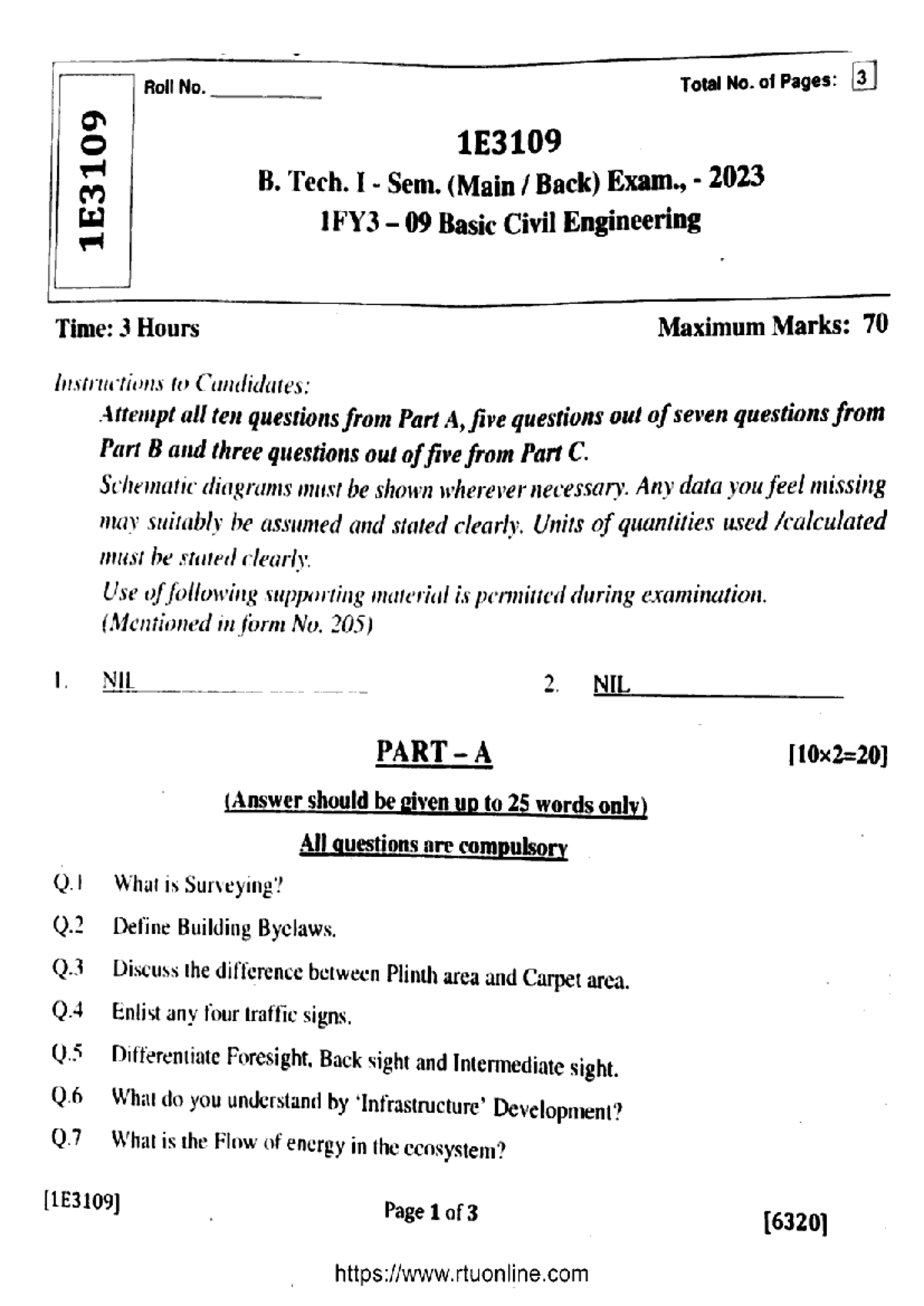 Btech 1 sem basic civil engineering 1e3109 2023 - Roll No. Total No. of Pages: 3 1E3109 B. Tech ...