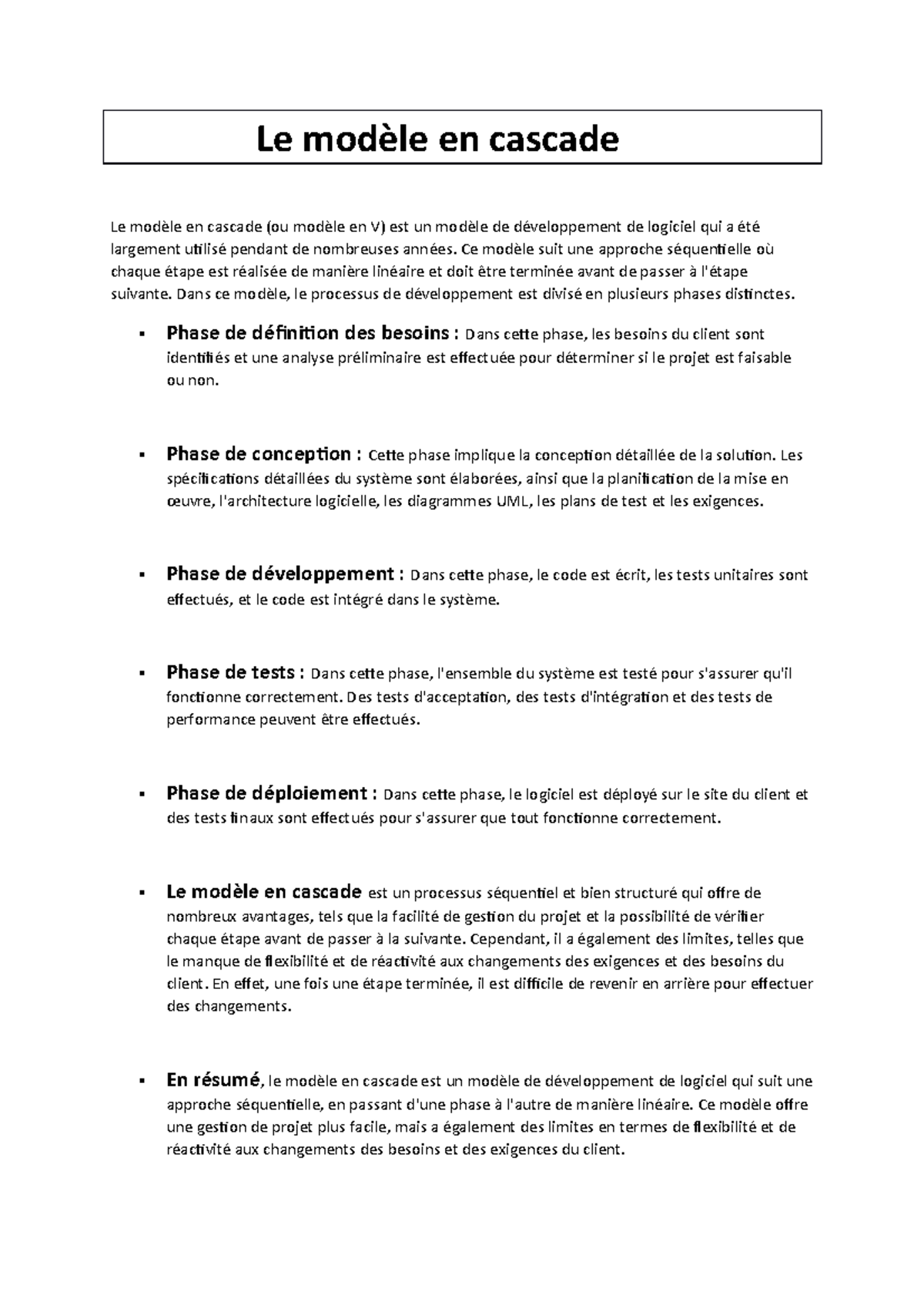 Le modèle en cascade - Le modèle en cascade Le modèle en cascade (ou ...