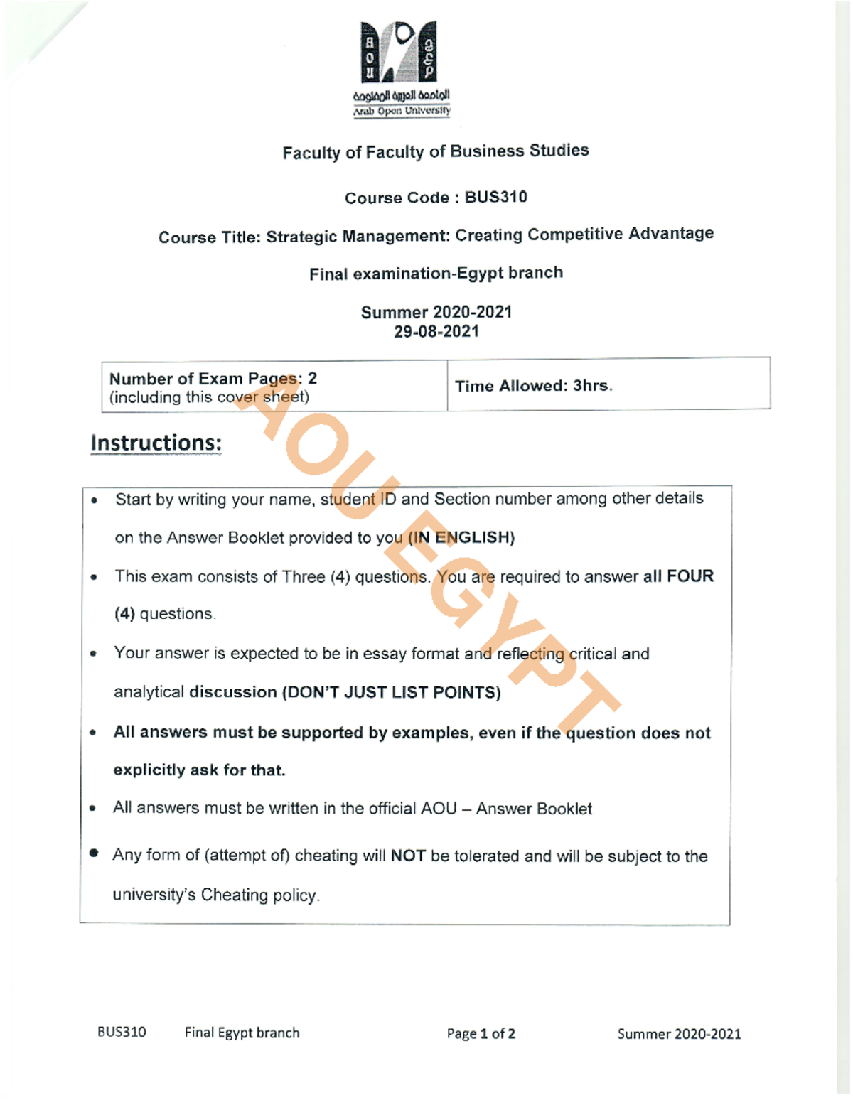BUS310 Final Summer 2021 - Business - AOU EGYPT AOU EGYPT - Studocu