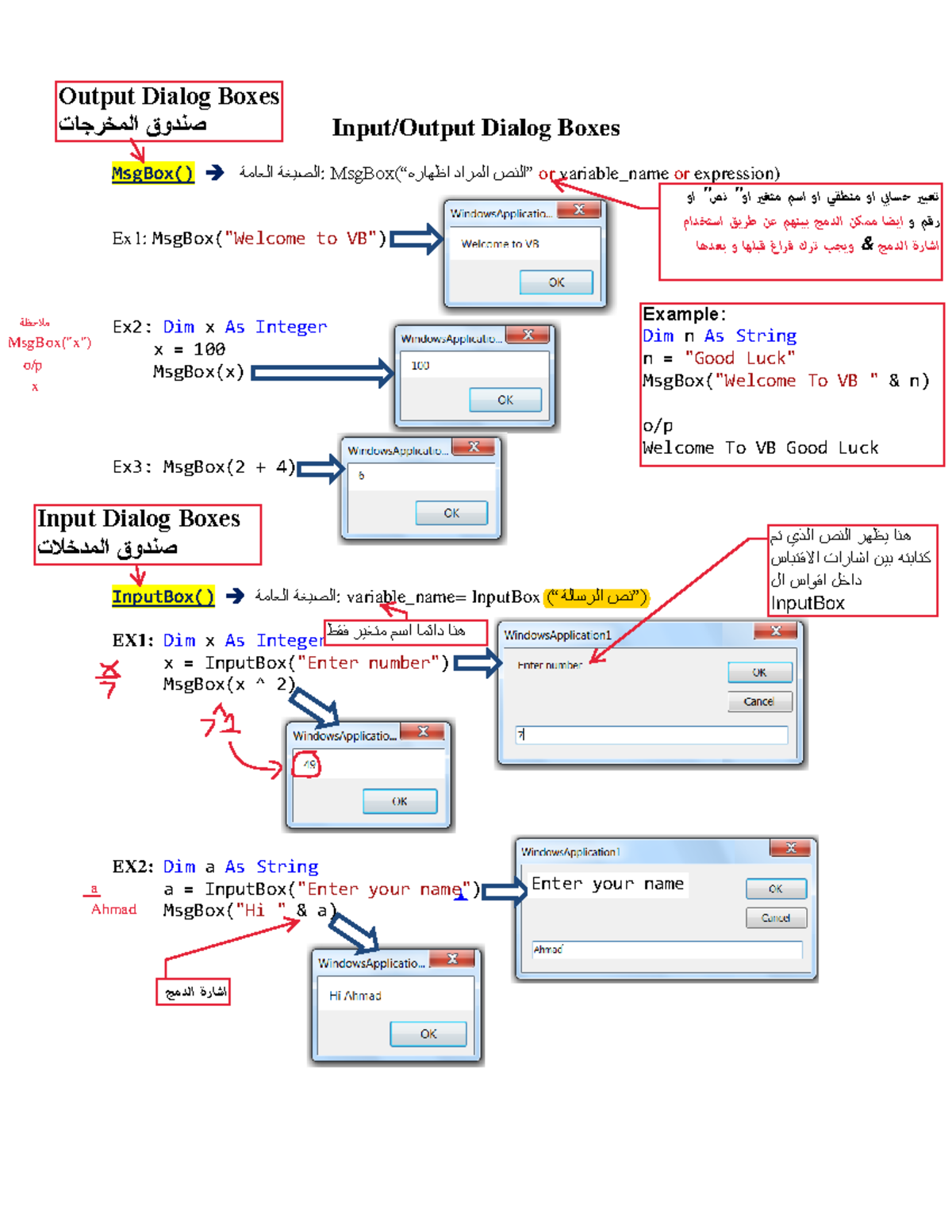 Chapter 4 VB تضليل - Lecture notes 1 - Output Dialog Boxes Dialog Boxes ...