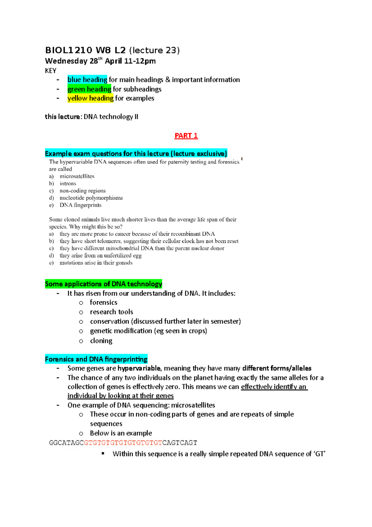 BIOL1210 W8 L2 - DNA technology II - BIOL1210 W8 L2 (lecture 23 ...