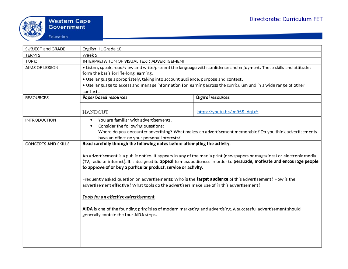 Week 5 FET Lesson Framework 2020 Gr 10 HL Advertisement - SUBJECT and ...
