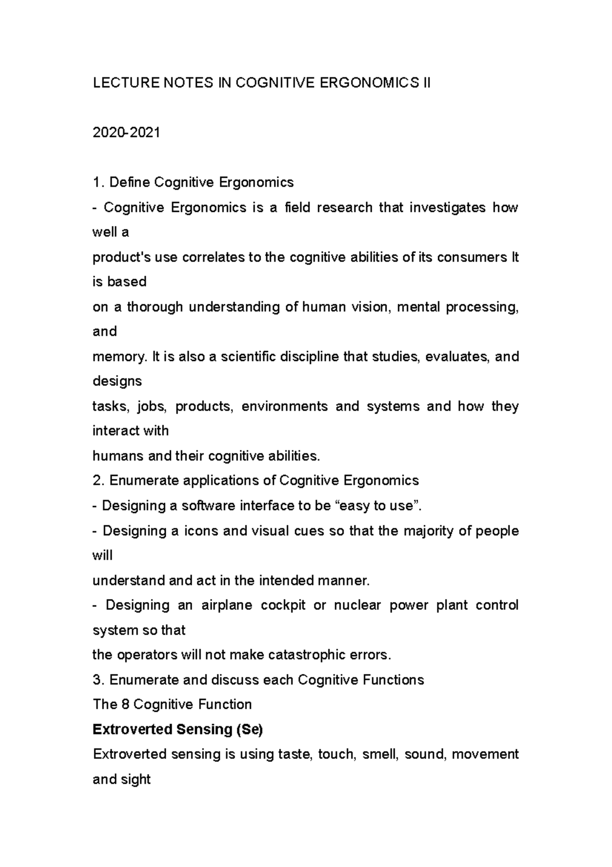 Lecture Notes IN Cognitive Ergonomics II - LECTURE NOTES IN COGNITIVE ...