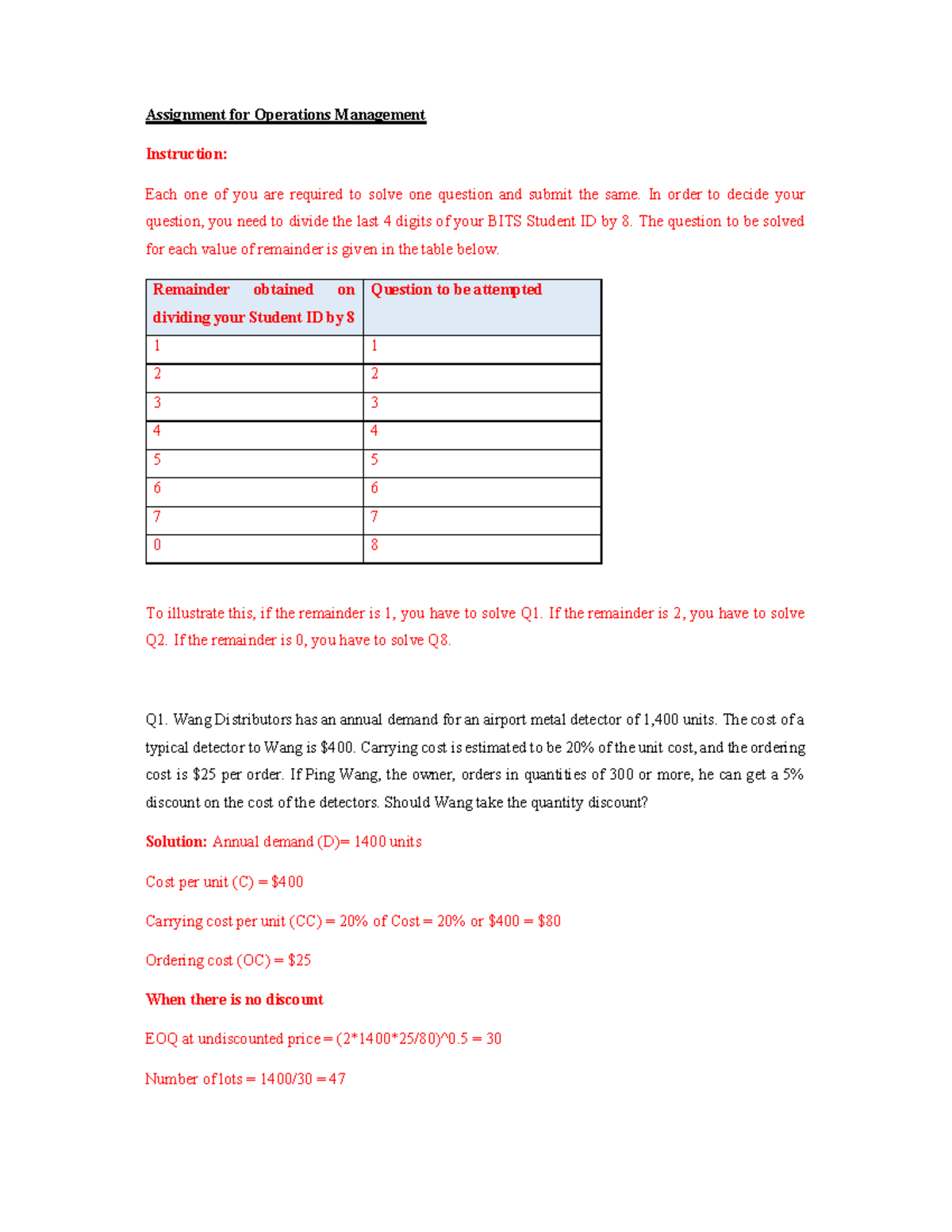 Assignment Solution - Introduction to OM - Assignment for Operations Management Instruction ...