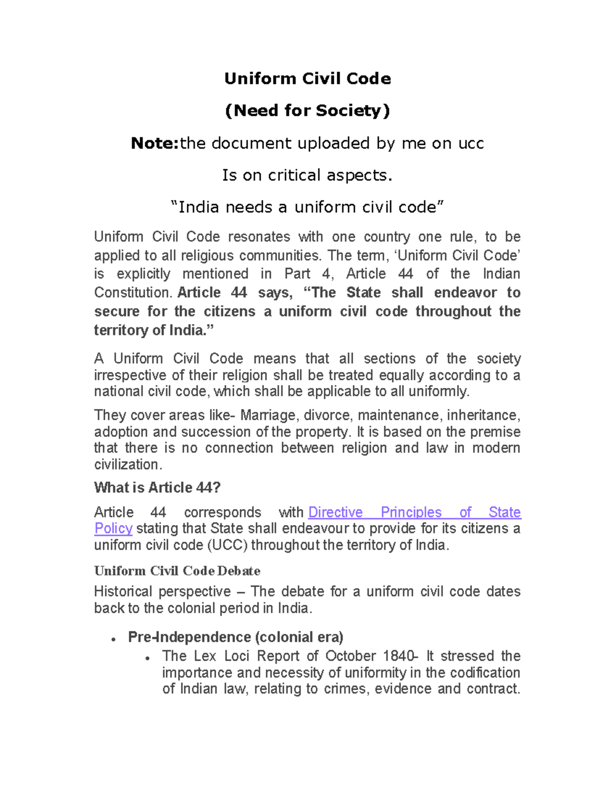Ucc Need For A Society - Uniform Civil Code (Need for Society) Note:the ...