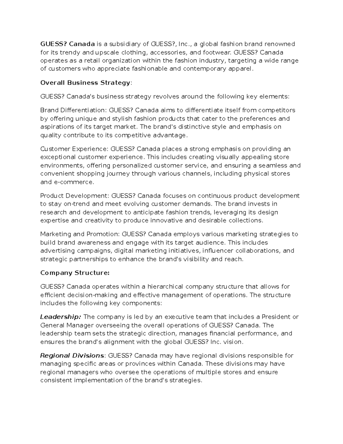 Guess Overall Business Strategy and Structure - GUESS? Canada is a ...