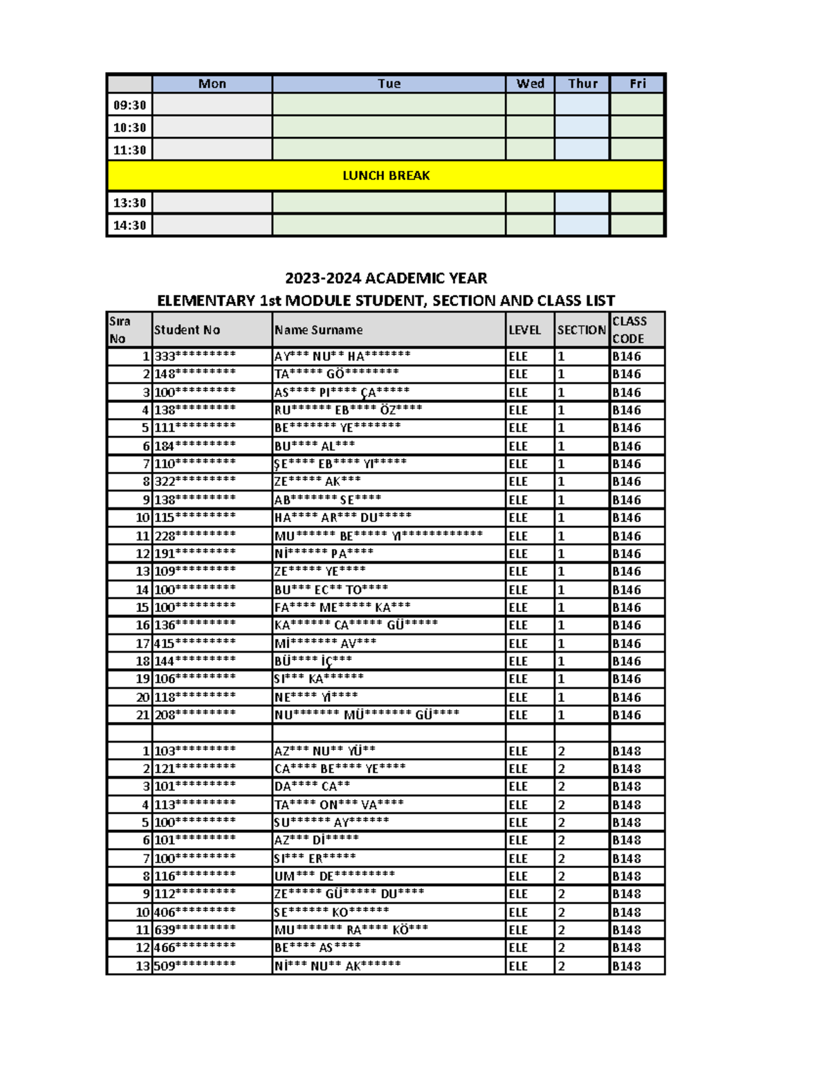 Ele student class-list 1 - Mon Tue Wed Thur Fri Sıra No Student No Name ...