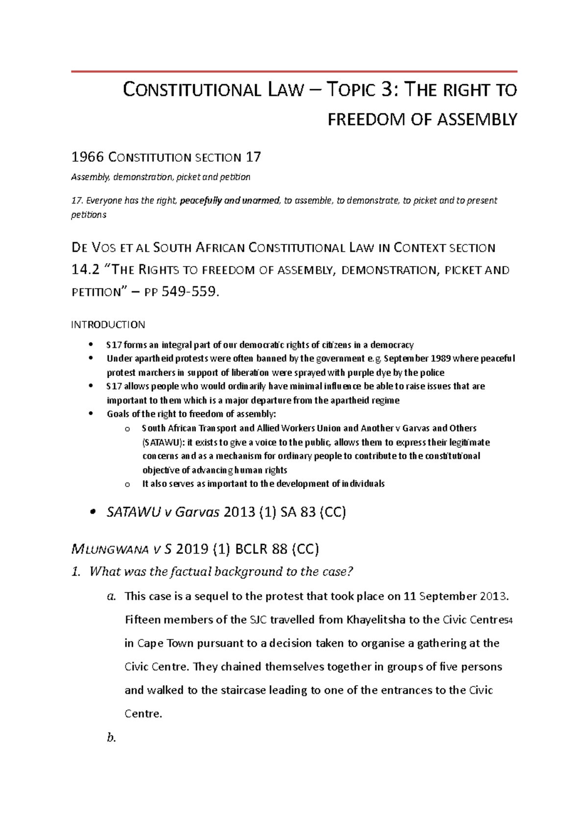 Constitutional Law Notes - topic 3 - the right to freedom of Assembly ...