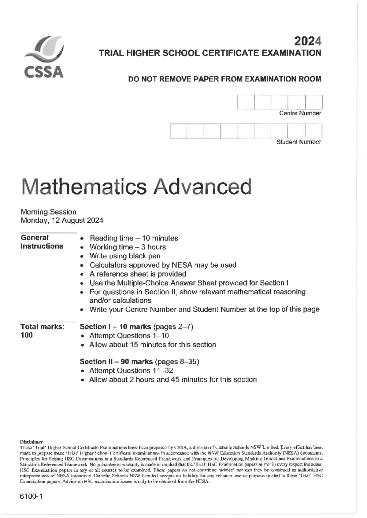 2024 CSSA Advanced Mathematics HSC Trial Paper 2024 - 2024 TRIAL HIGHER ...