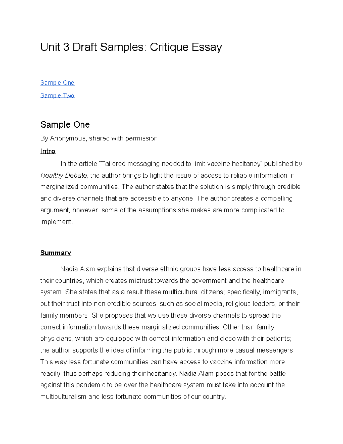 Sample Critique Essay Drafts (2021) - Unit 3 Draft Samples: Critique Essay Sample One Sample Two ...