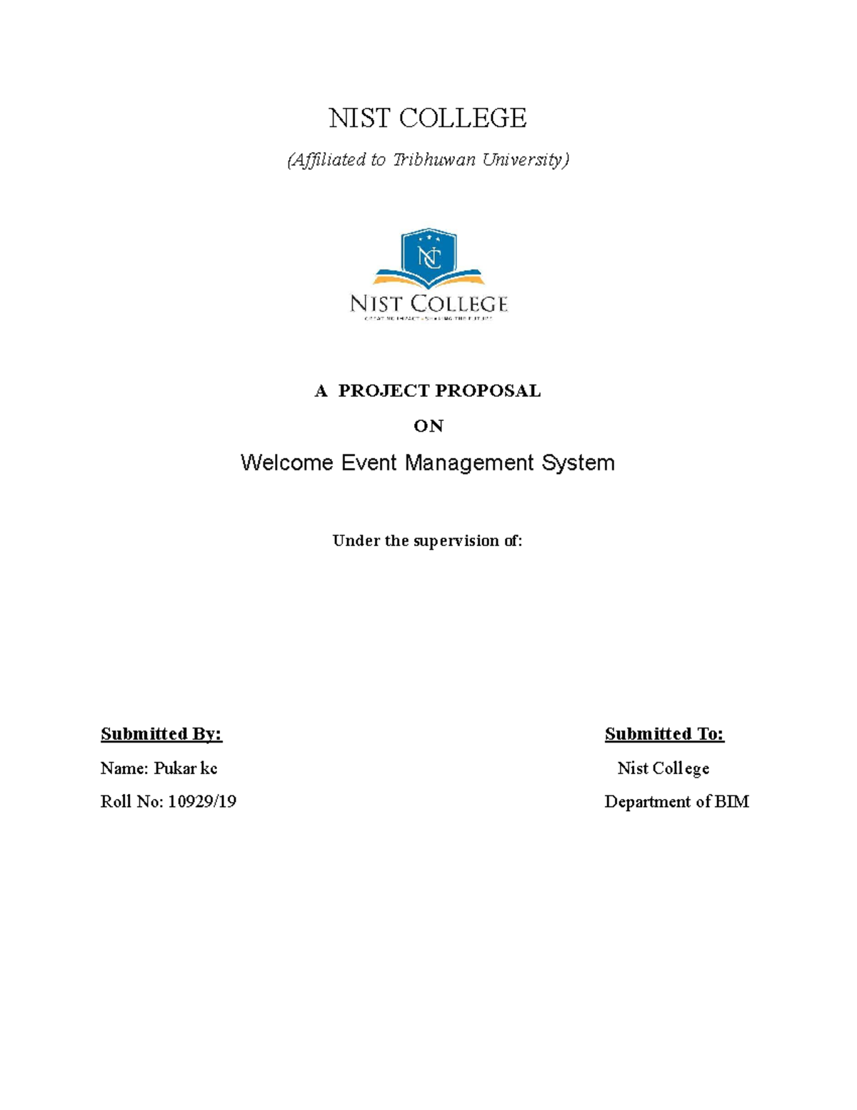 Pukar kc.docx - short porposal - NIST COLLEGE (Affiliated to Tribhuwan ...