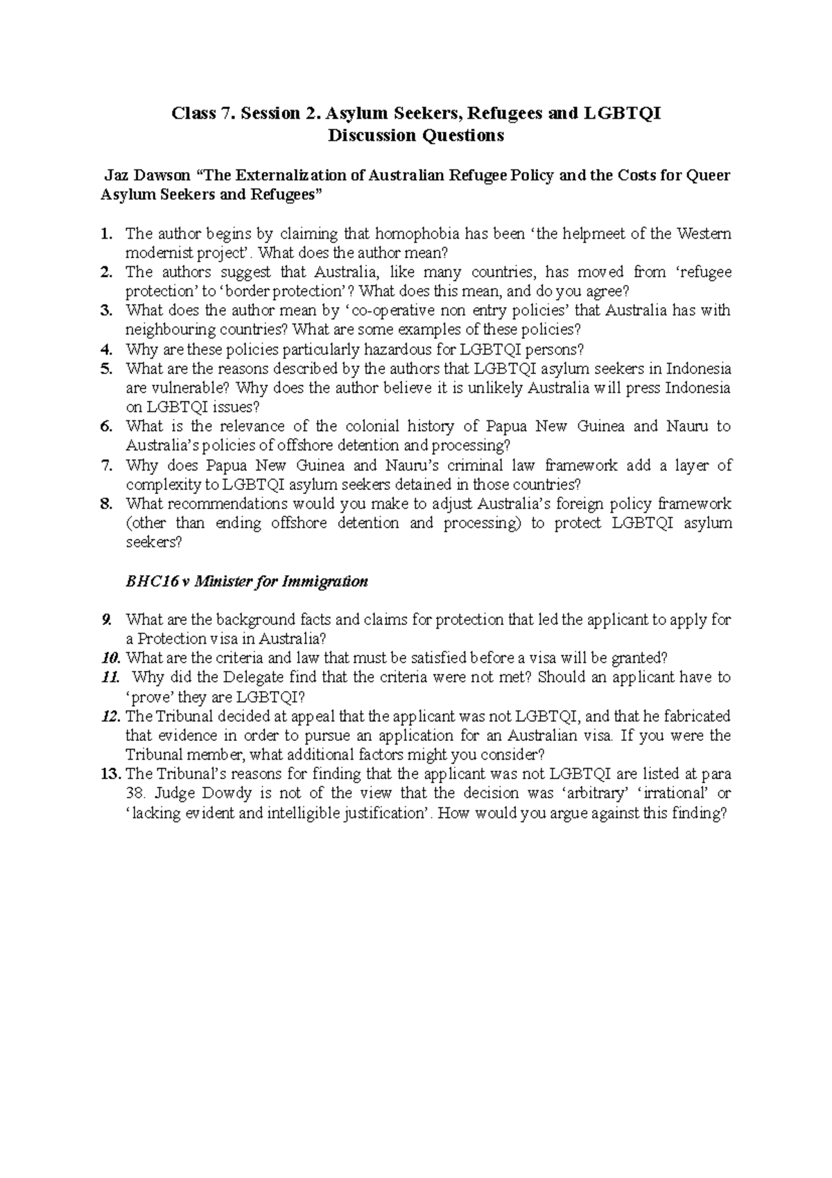 Class 7. Session 2. Asylum Seekers, Refugees and Lgbtqi Discussion ...