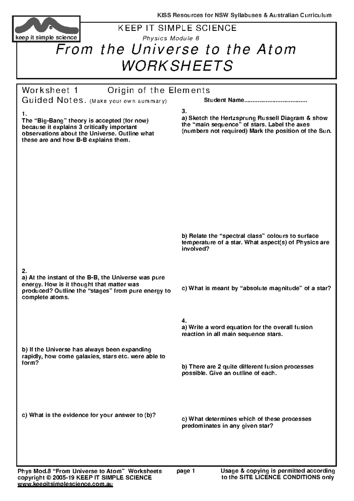 Universe to the Atom questions - page 1 Usage & copying is permitted ...