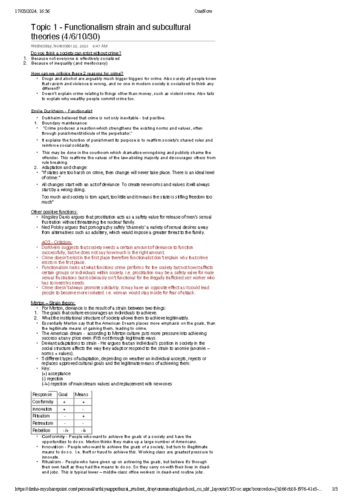 Sociology - crime and deviance notes - 17/03/2024, 16:36 OneNote - Studocu
