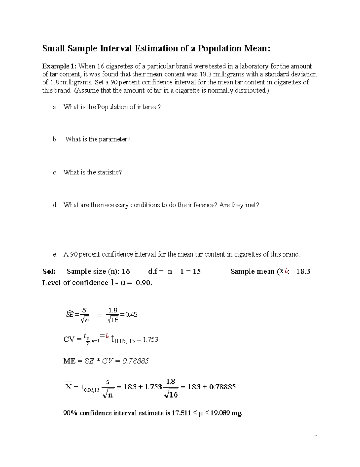ST370 Worksheet 10 - Small Sample Interval Estimation of a Population ...