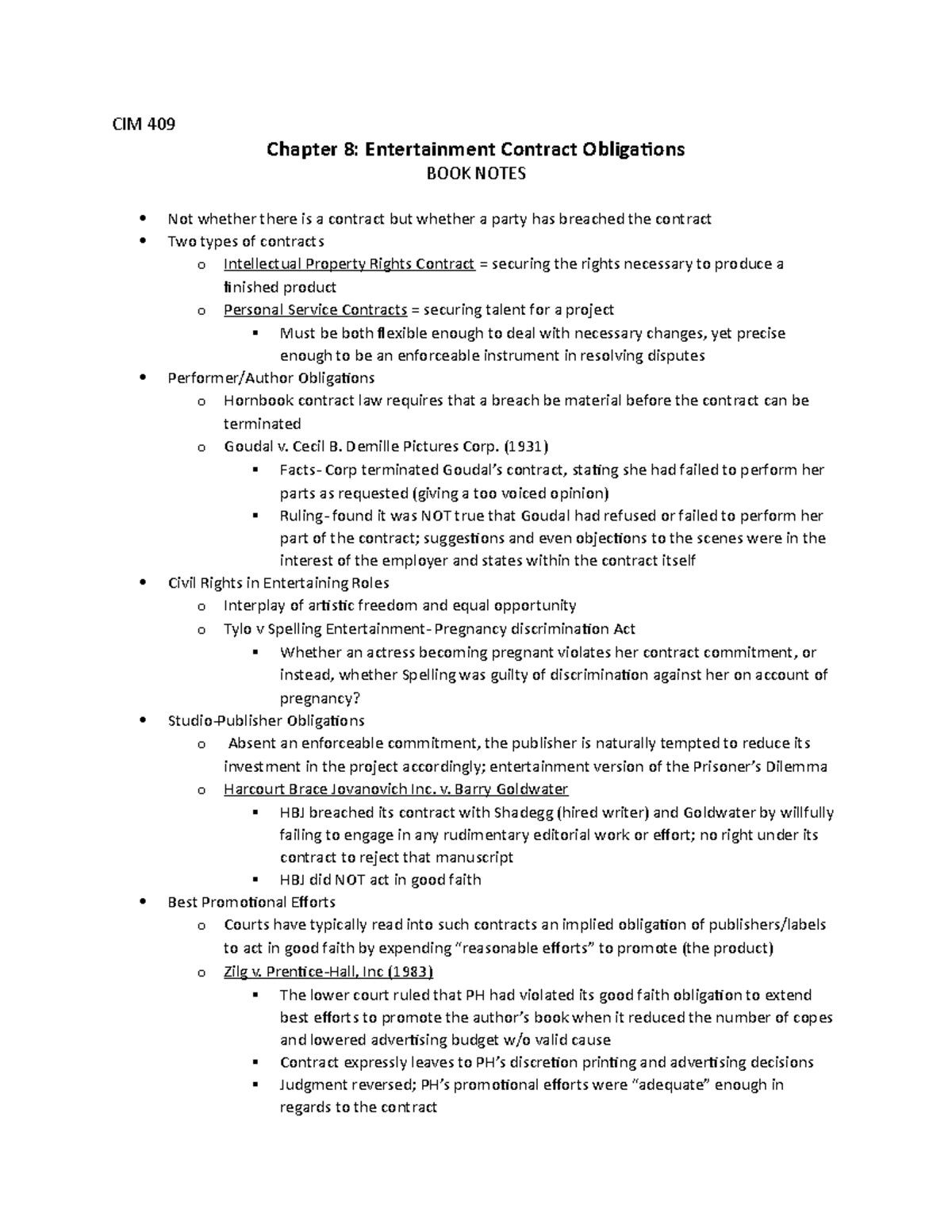 CIM 409 Ch 8 Book Notes - CIM 409 Chapter 8: Entertainment Contract ...