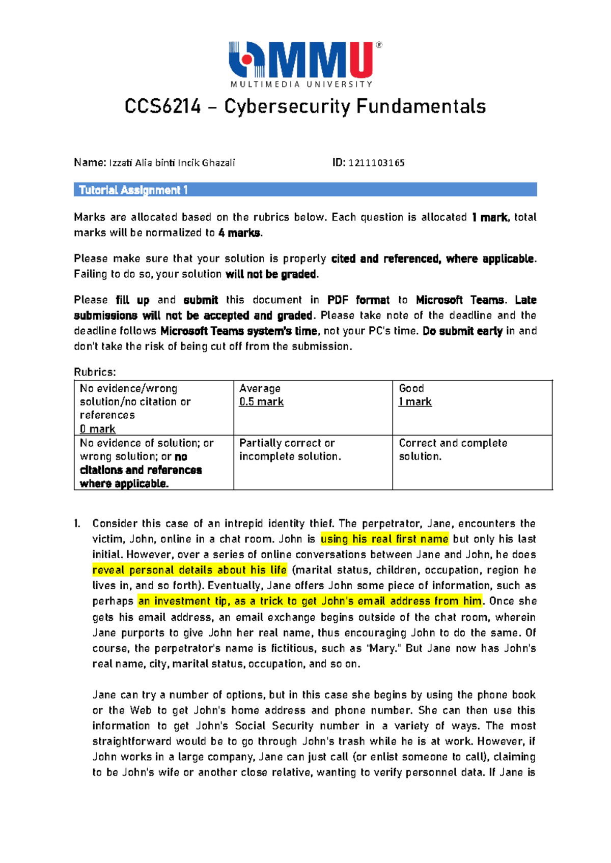 CCS6214 tutorial Assignment 01 - CCS6214 – Cybersecurity Fundamentals ...