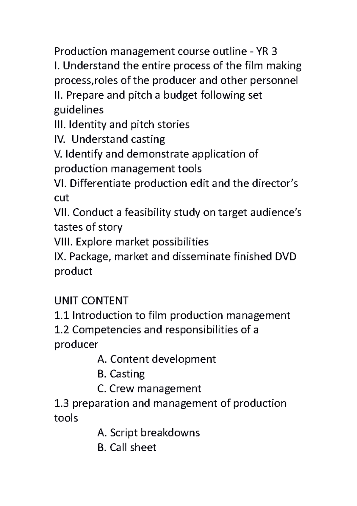 Product management-outline 29th sep - Production management course ...