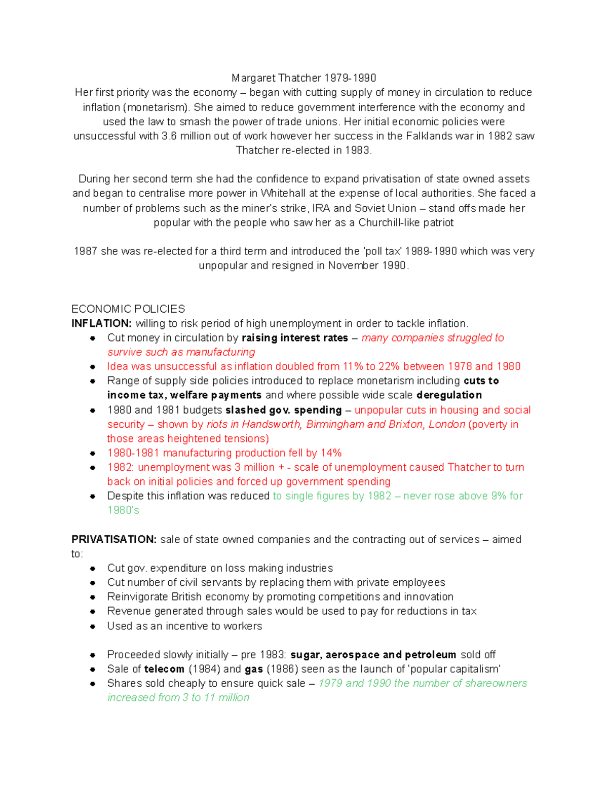 Thatcher's Britain Notes - A-level - Margaret Thatcher 1979- Her first ...