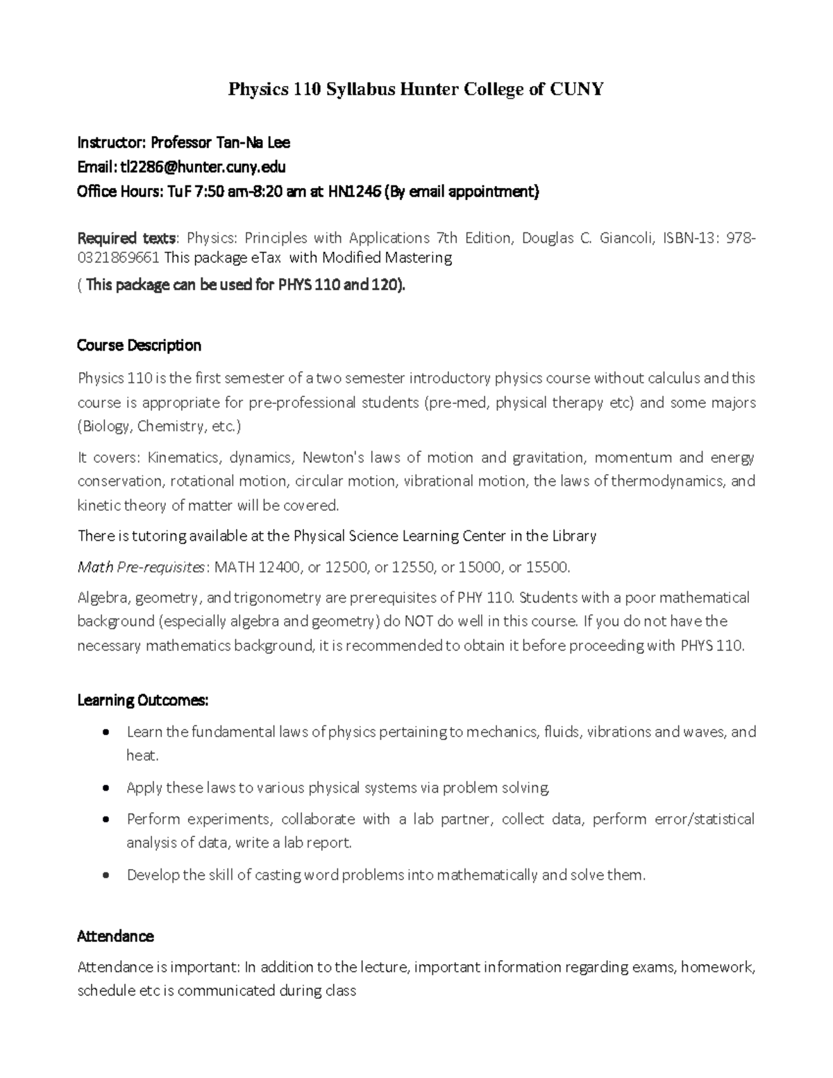 PHYS 110- Syllabus- Fall 2022 - Physics 110 Syllabus Hunter College of ...