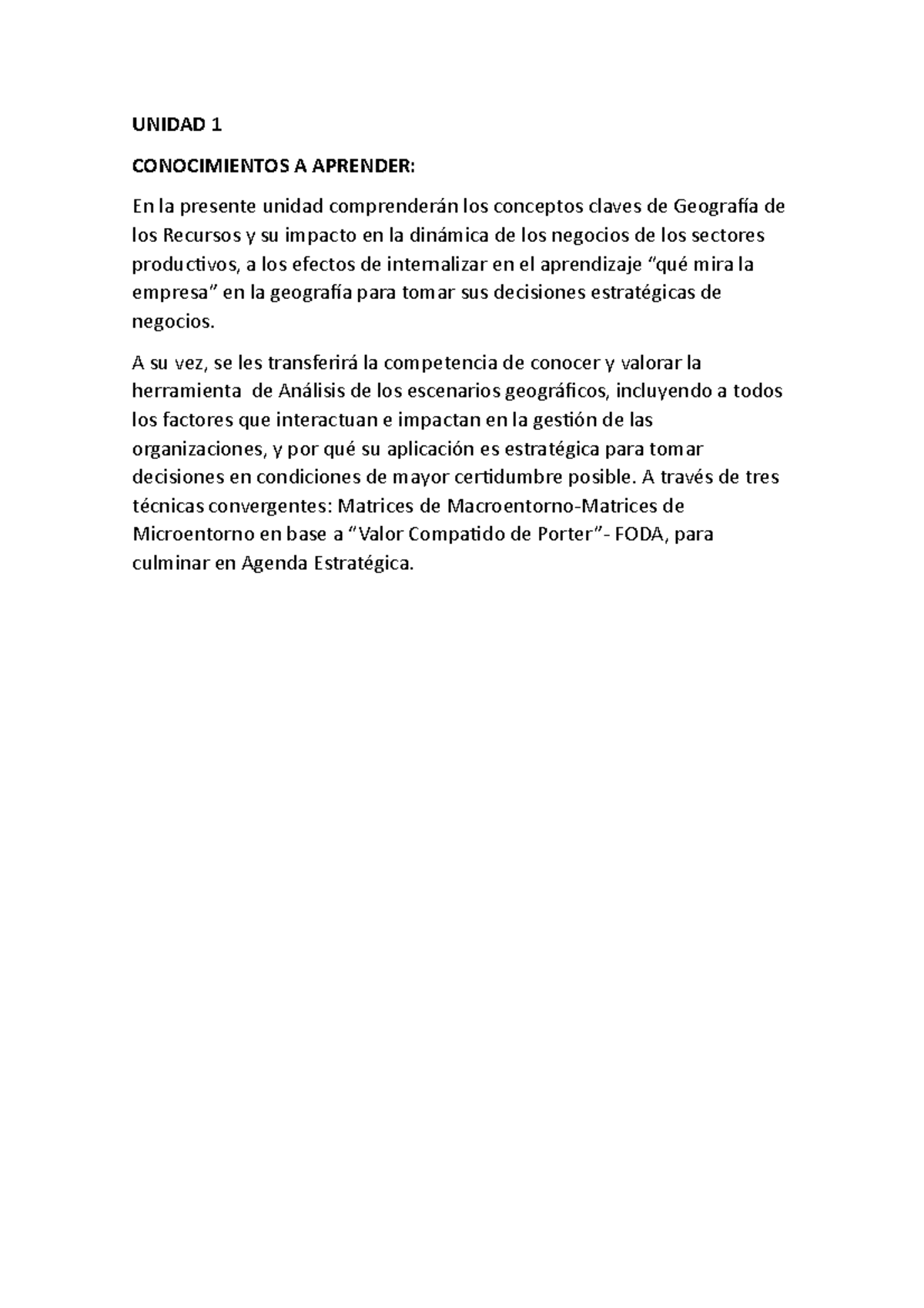 Conocimientos de aprendizaje en la Unidad 1 - UNIDAD 1 CONOCIMIENTOS A ...