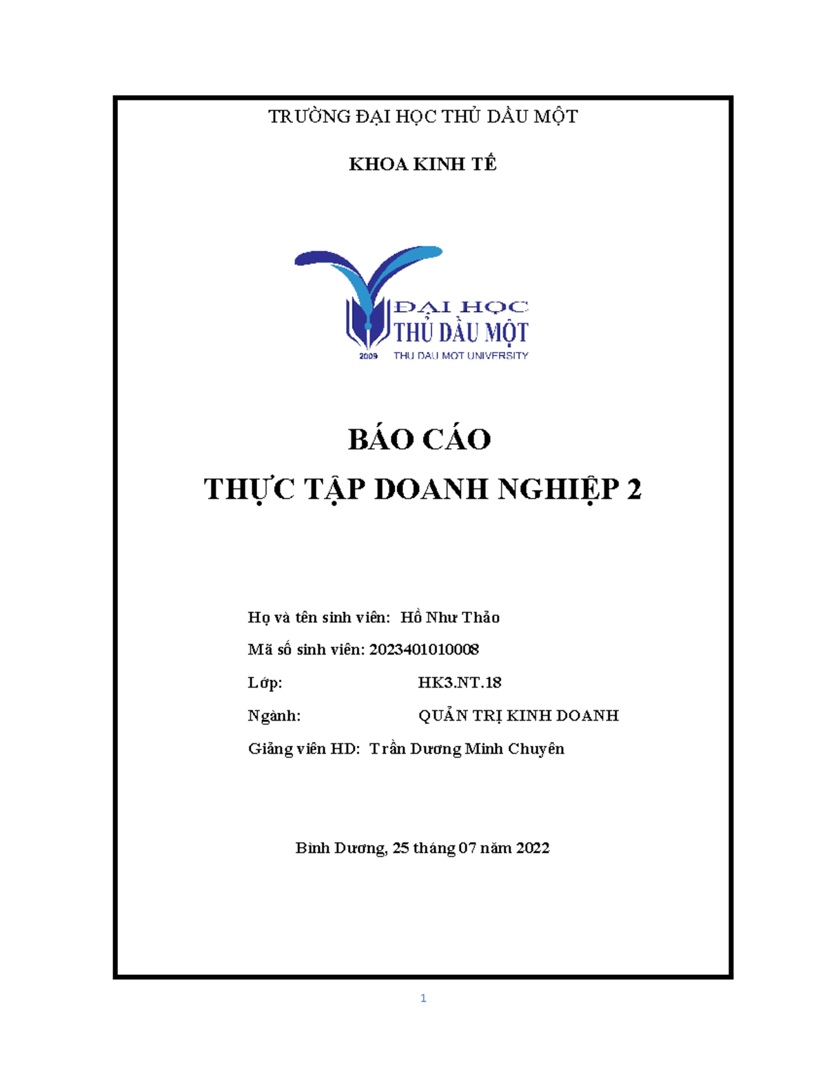 Thuctap 2 2023401010008 HỒ NHƯ THẢO HK3.NT.18. - TRƯỜNG ĐẠI HỌC THỦ DẦU MỘT KHOA KINH TẾ BÁO CÁO ...