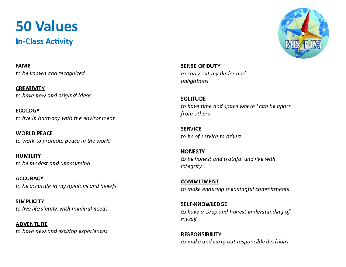 50 Values Activity - mandatory assignment - 50 Values Activity FAME to ...