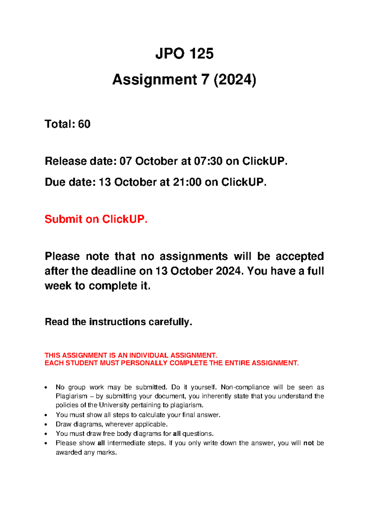 Assignment 7 - JPO 125 Assignment 7 ( 202 4) Total: 60 Release date: 07 ...