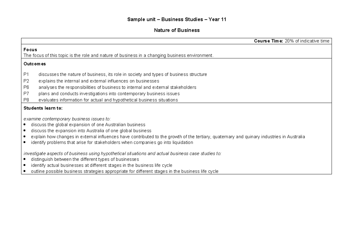 Business studies year 11 sample unit nature of business - Sample unit ...