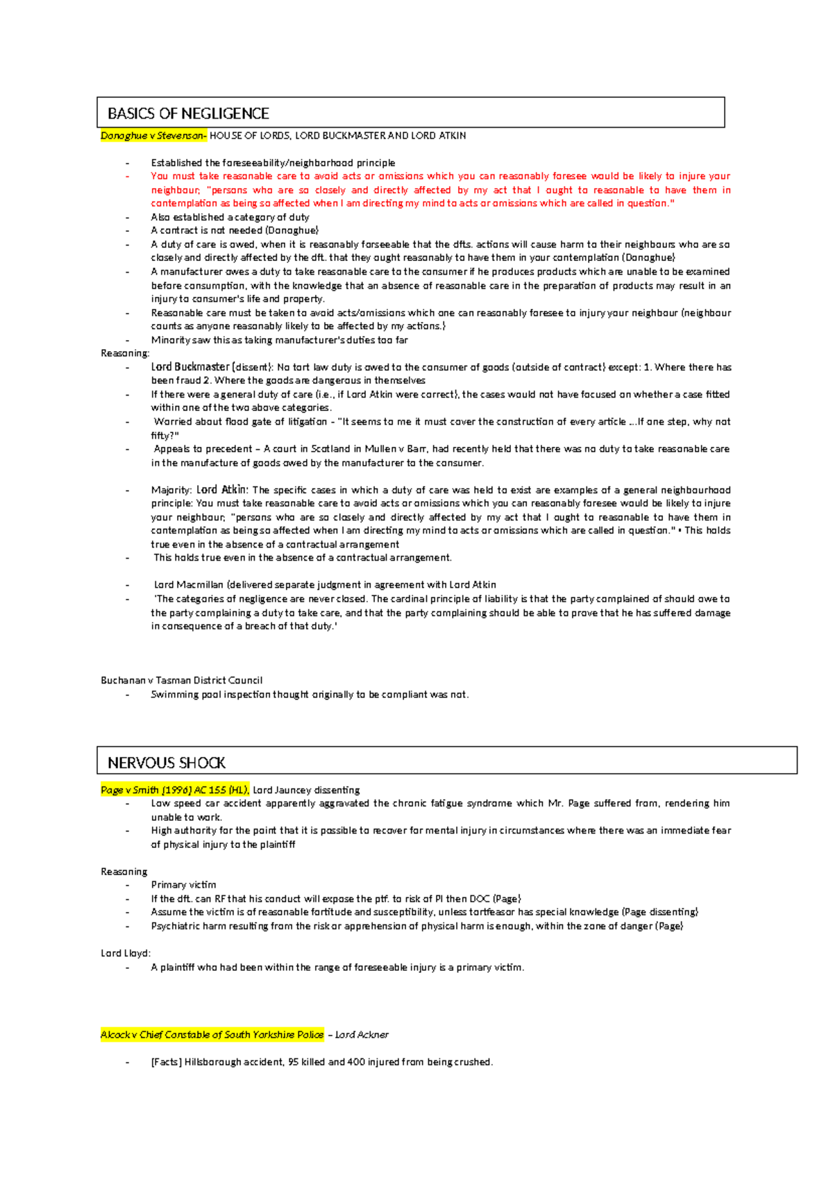 Cases Torts Mditri TEST - Cases Donoghue v Stevenson- HOUSE OF LORDS ...