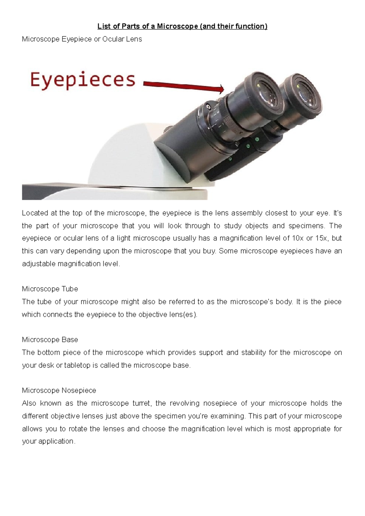 List of Parts of a Microscope - It’s the part of your microscope that ...