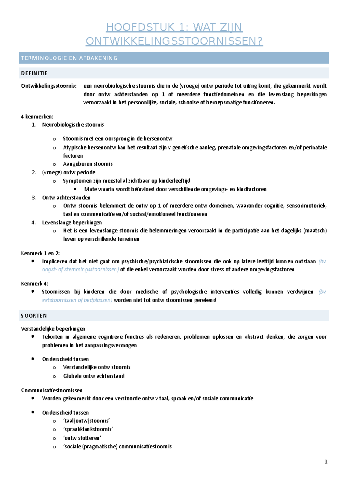 Samenvatting - HOOFDSTUK 1: WAT ZIJN ONTWIKKELINGSSTOORNISSEN ...