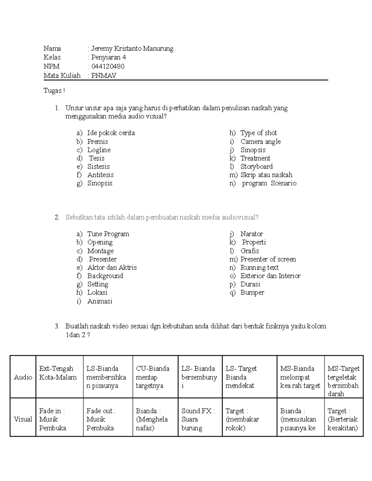 Nama - terserah lah - Nama : Jeremy Kristanto Manurung Kelas : Penyiaran 4 NPM : 044120480 Mata ...