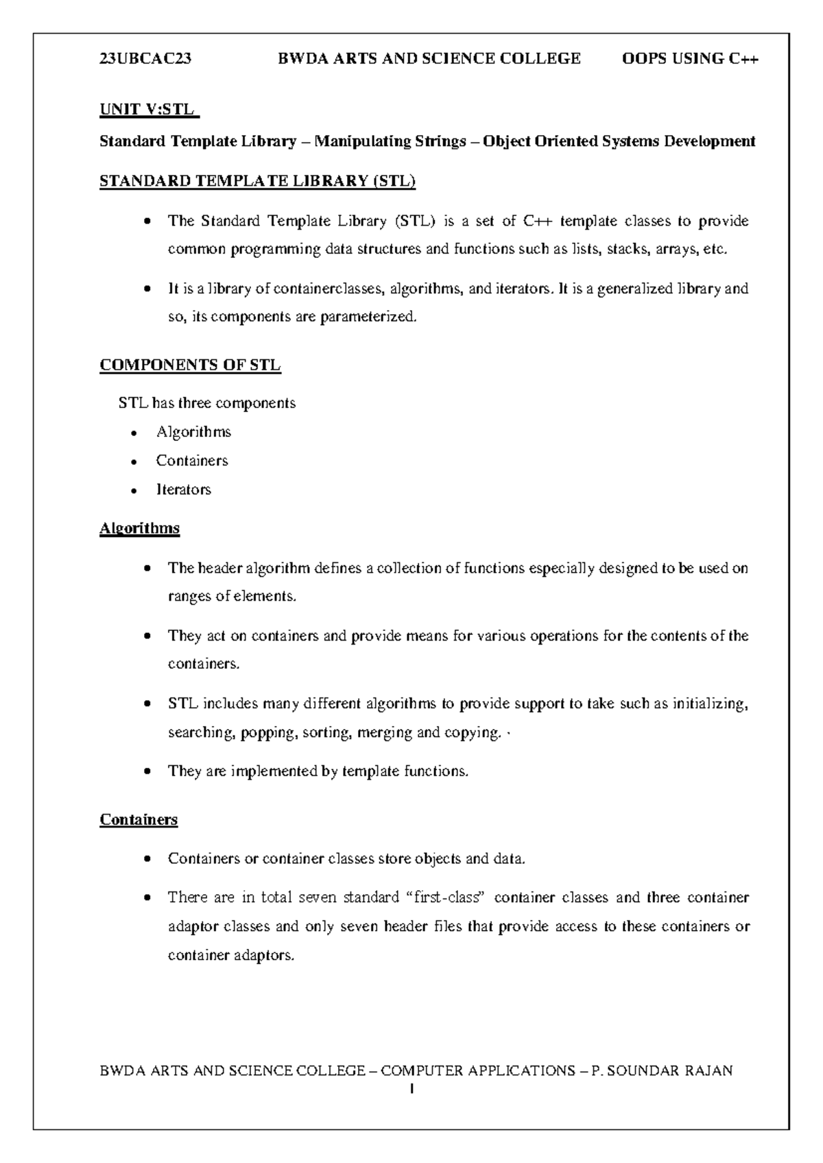 UNIT V PROGRAMMING IN CPP - BWDA ARTS AND SCIENCE COLLEGE – COMPUTER APPLICATIONS – P. SOUNDAR ...