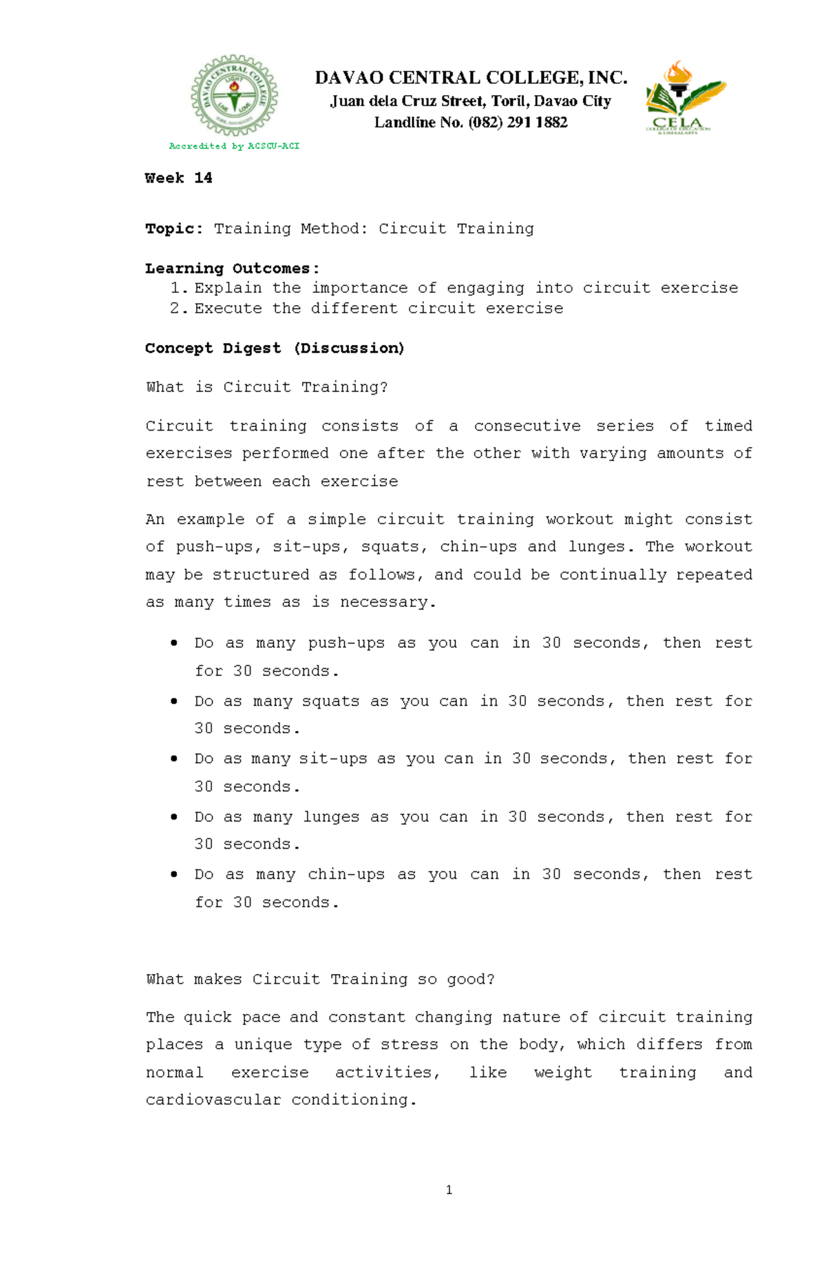 Week 14 - Topic: Training Method: Circuit Training - Accredited by ...