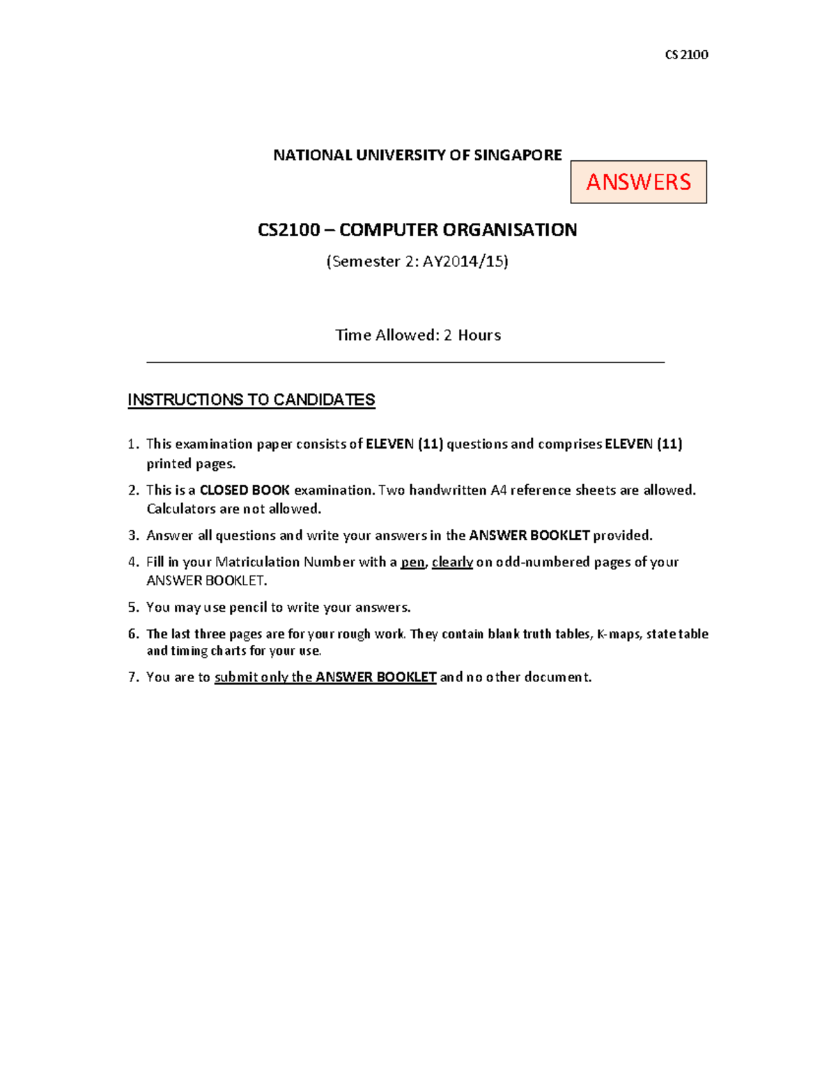 Cs2100exam 14s2 ans - Past year papper from CS2100. Question 7 to 11 ...