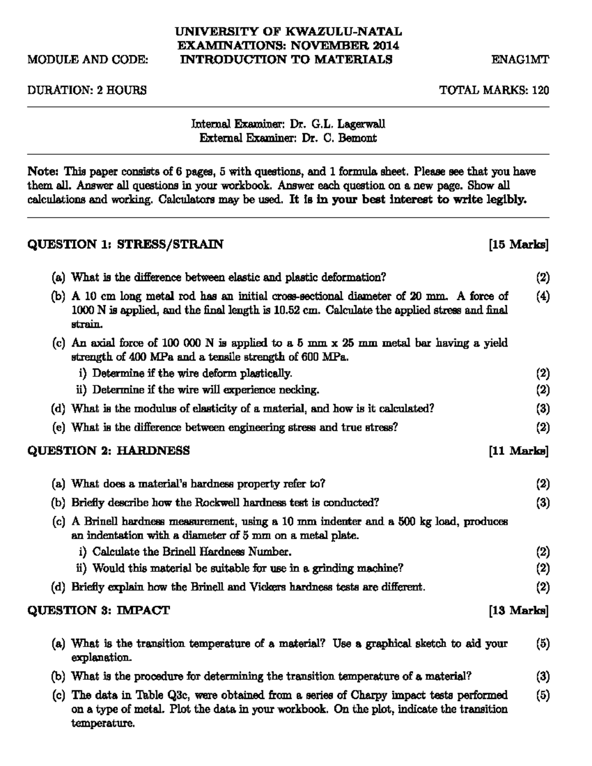 Materials - past papers - UNIVERSITY OF EXAMINATIONS: NOVEMBER 2014 ...