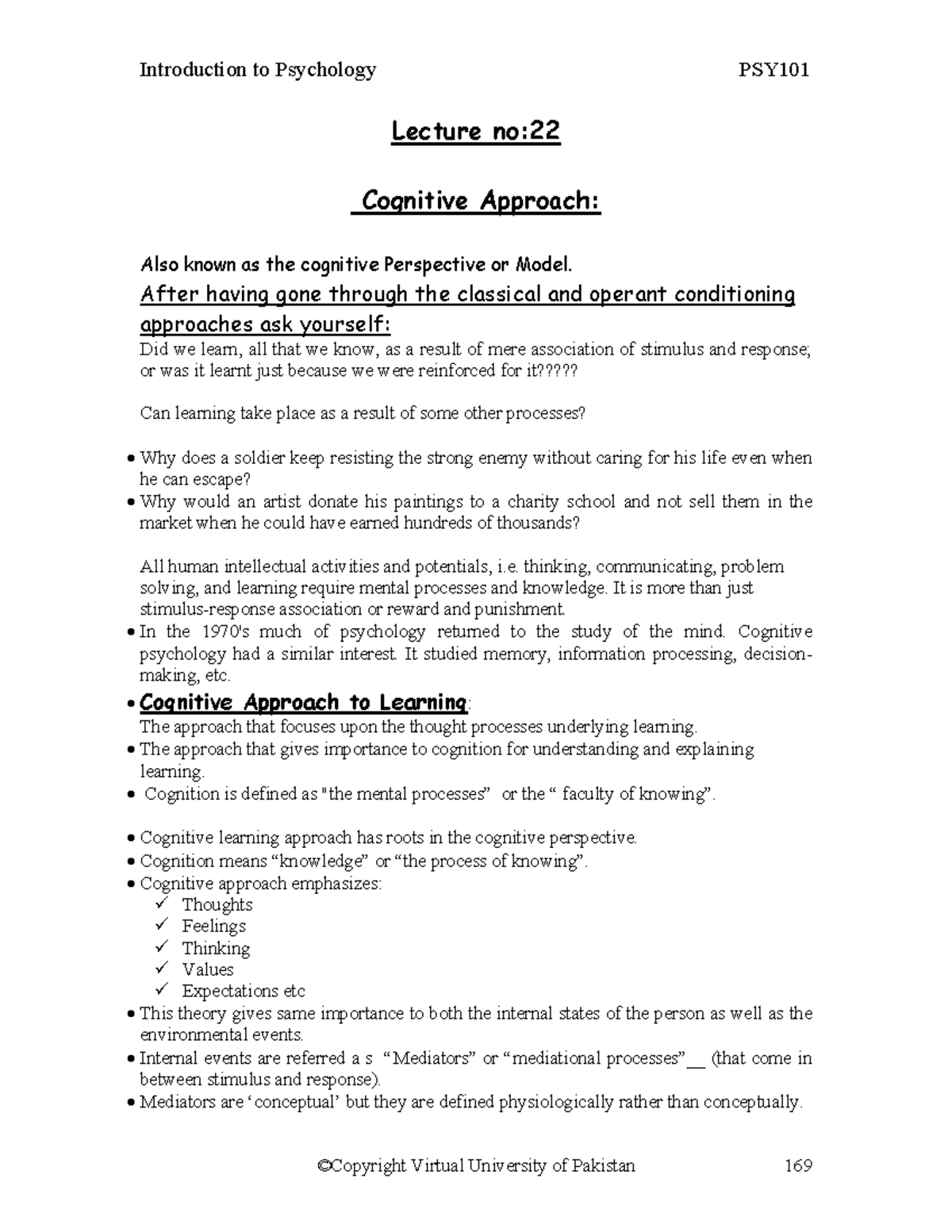 Lesson 22 - Lecture no: Cognitive Approach: Also known as the cognitive ...