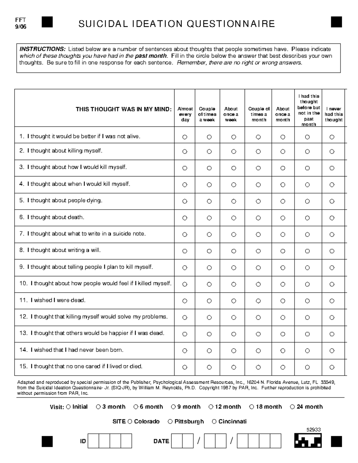 14. Suicidal Ideation Questionnaire (SIQ) - INSTRUCTIONS: which of ...