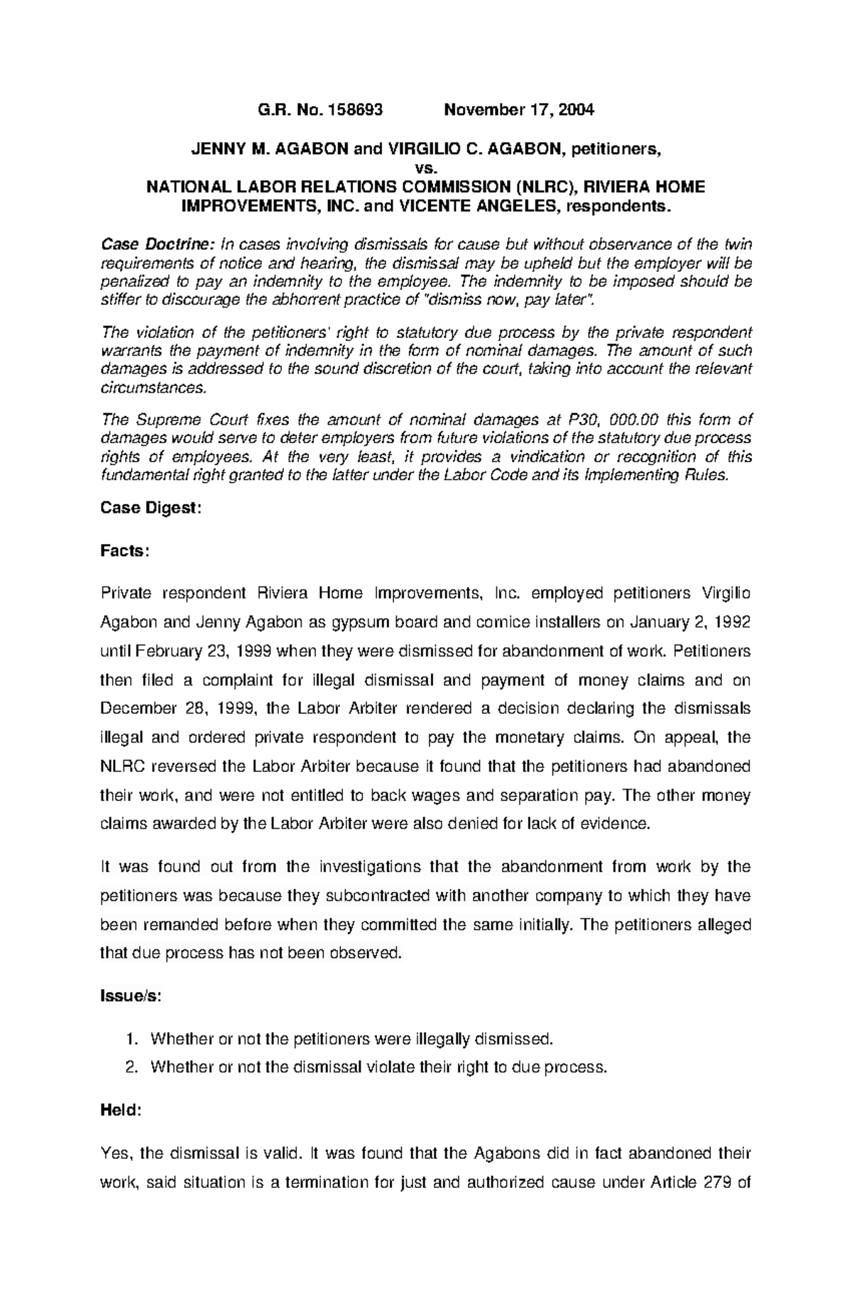 Agabon v. NLRC - G. No. 158693 November 17, 2004 JENNY M. AGABON and ...